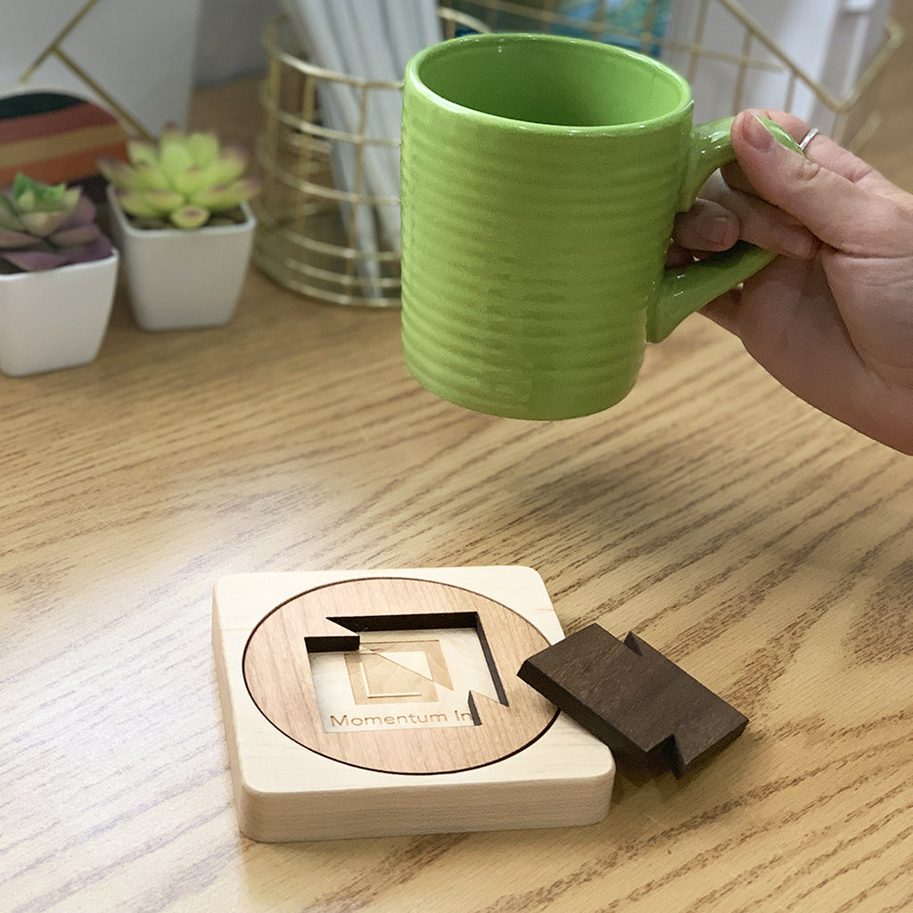 wooden coaster puzzle with logo | Smiling Tree Gifts USA